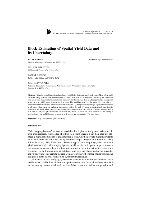 (PDF) Block Estimating of Spatial Yield Data and its Uncertainty