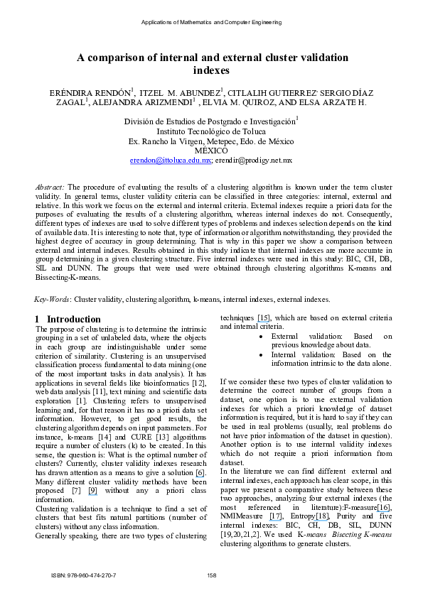 (PDF) A comparison of internal and external cluster validation indexes