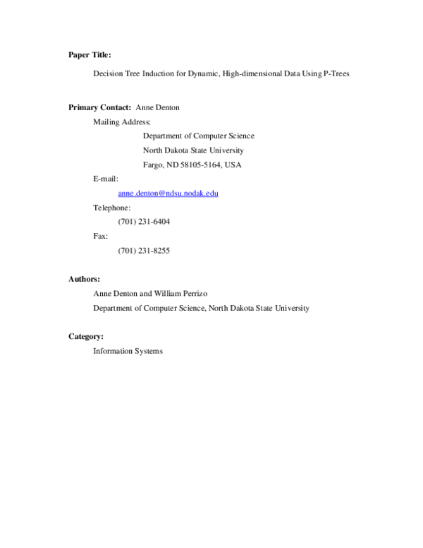 Pdf Decision Tree Induction For Dynamic High Dimensional Data Using P Trees