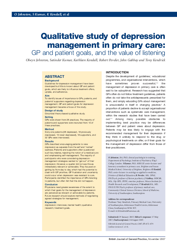 (PDF) Qualitative study of depression management in primary care: GP ...