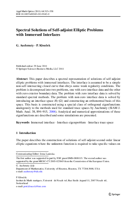 (PDF) Spectral Solutions of Self-adjoint Elliptic Problems with Immersed Interfaces