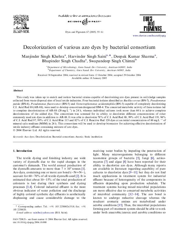 (PDF) Decolorization of various azo dyes by bacterial consortium