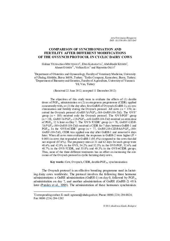 Pdf Comparison Of Synchronisation And Fertility After Different Modifications Of The Ovsynch