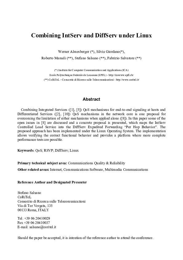 Pdf Combining Intserv And Diffserv Under Linux