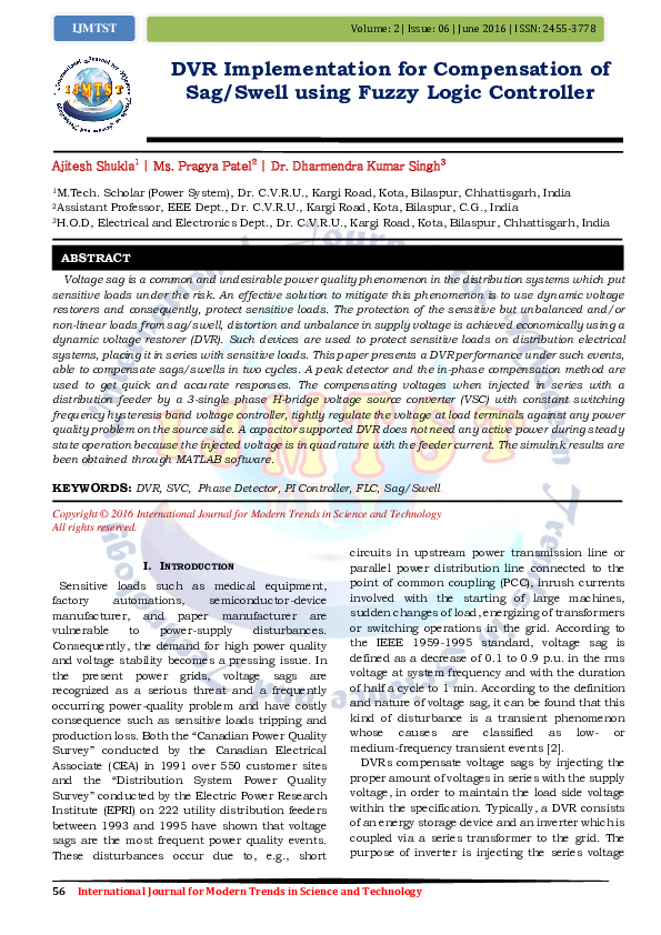 Pdf Dvr Implementation For Compensation Of Sagswell Using Fuzzy Logic Controller Ijmtst