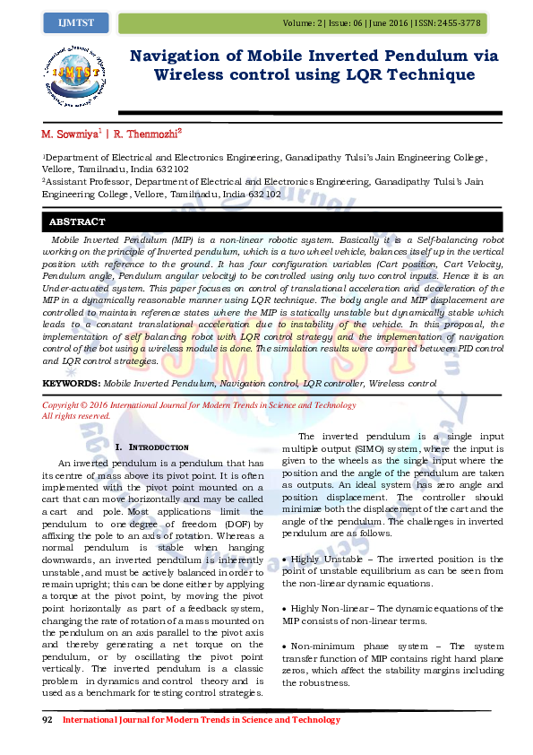 Pdf Navigation Of Mobile Inverted Pendulum Via Wireless Control Using