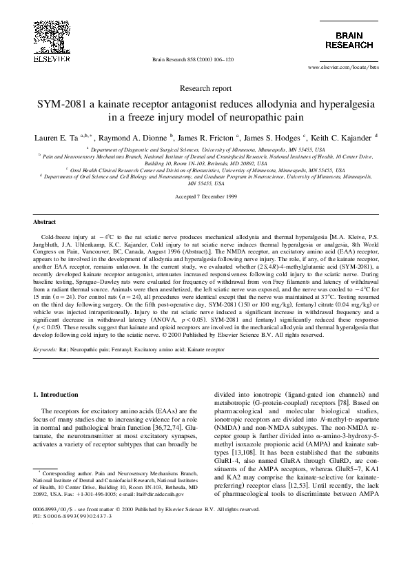 (PDF) SYM-2081 a kainate receptor antagonist reduces allodynia and hyperalgesia in a freeze ...