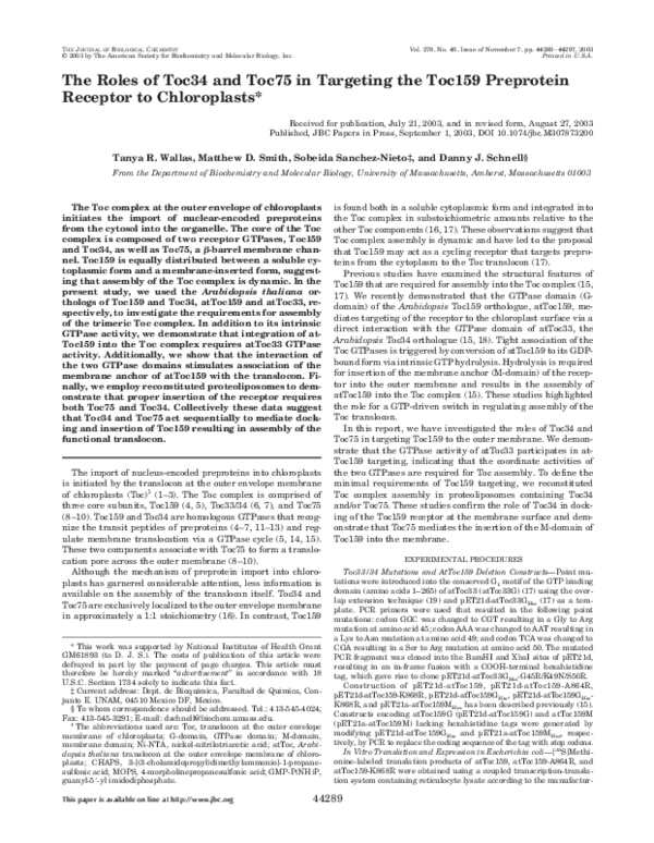 (PDF) The Roles of Toc34 and Toc75 in Targeting the Toc159 Preprotein ...