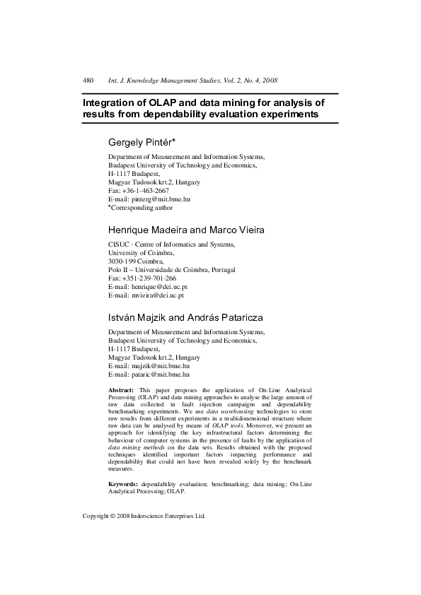 Pdf Integration Of Olap And Data Mining For Analysis Of Results From Dependability Evaluation