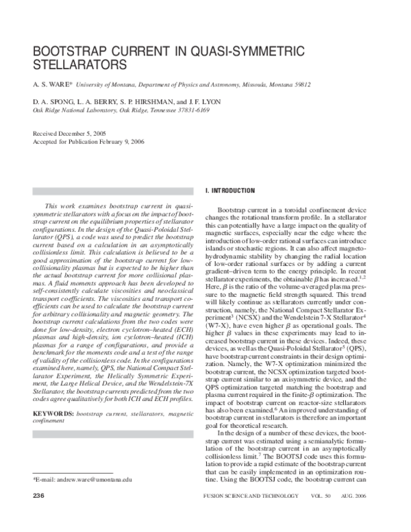 (PDF) Stability of bootstrap current‐driven magnetic islands in stellarators | Chris Hegna ...