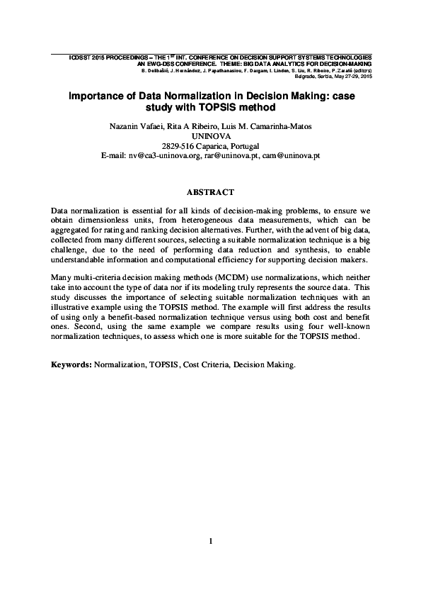 (PDF) Importance of Data Normalization in Decision Making: case study with TOPSIS method ON ...