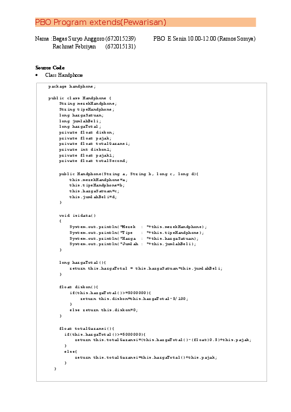 (DOC) Program Java Extends(Pewarisan) kelas handphone