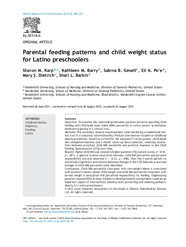 (PDF) Parental feeding patterns and child weight status for Latino ...