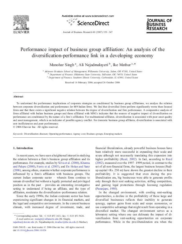 (PDF) Performance impact of business group affiliation: An analysis of the diversification ...