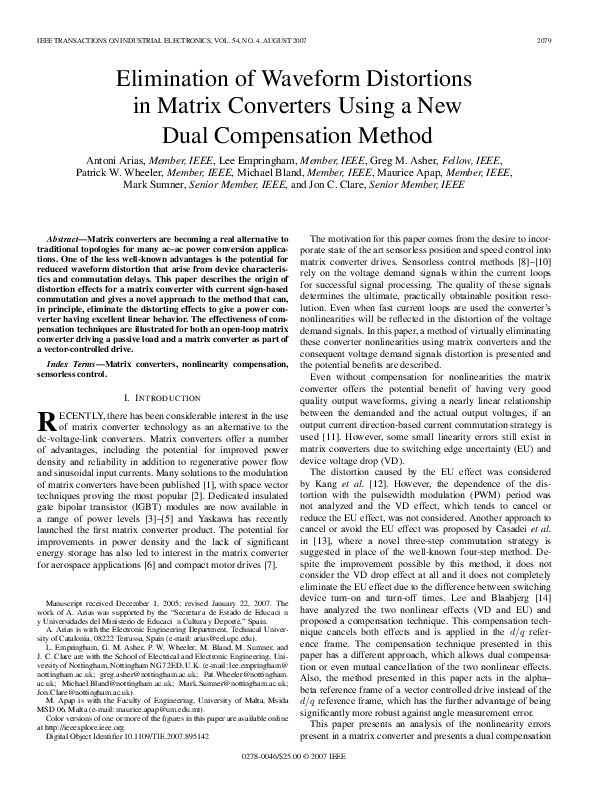 (PDF) Elimination of Waveform Distortions in Matrix Converters Using a ...