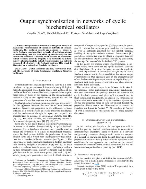 Pdf Output Synchronization In Networks Of Cyclic Biochemical Oscillators