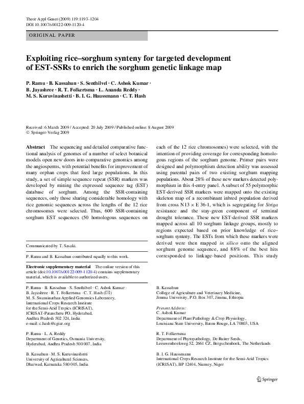 (PDF) Exploiting rice–sorghum synteny for targeted development of EST-SSRs to enrich the sorghum ...