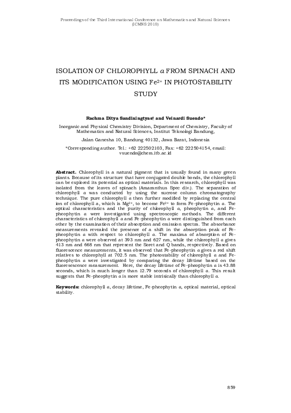 (PDF) ISOLATION OF CHLOROPHYLL a FROM SPINACH AND ITS MODIFICATION ...