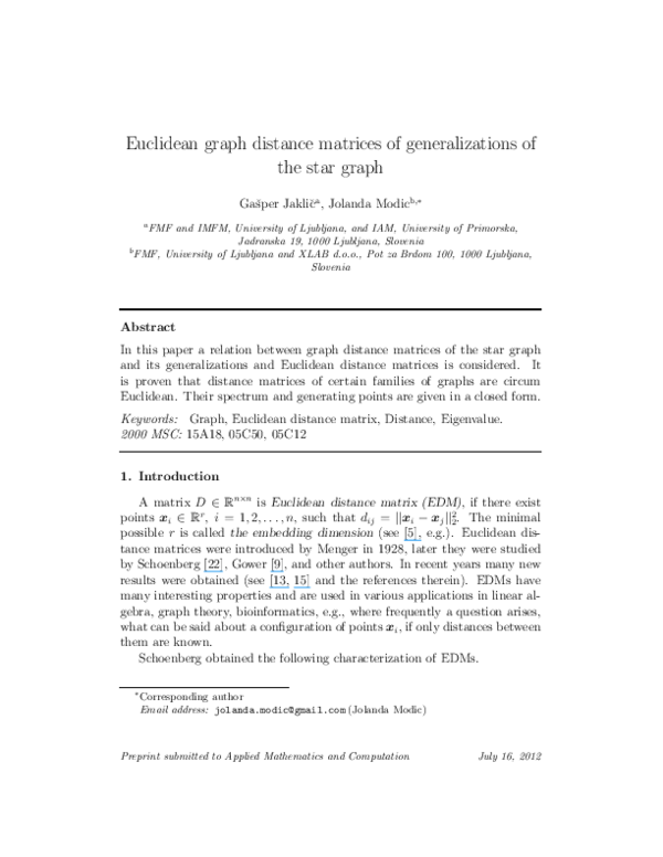 (PDF) Euclidean graph distance matrices of generalizations of the star graph