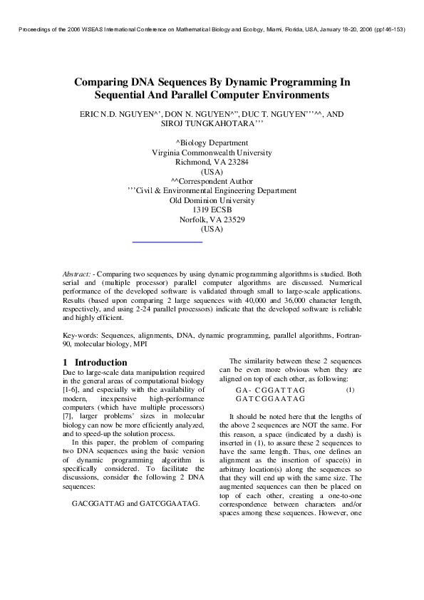 (PDF) Comparing DNA Sequences by Dynamic Programming in Sequential and Parallel Computer ...