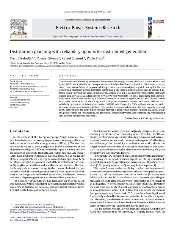 (PDF) Distribution planning with reliability options for distributed generation