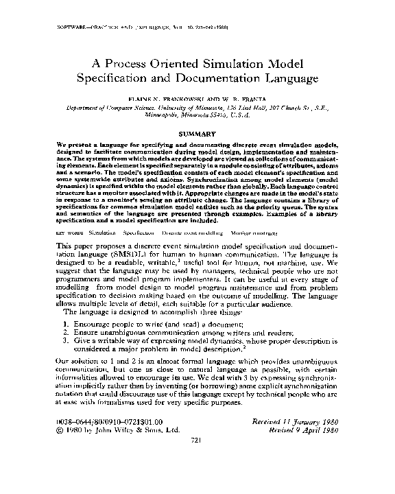 Pdf A Process Oriented Simulation Model Specification And
