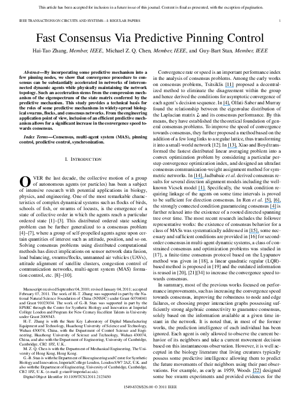(PDF) Fast Consensus Via Predictive Pinning Control