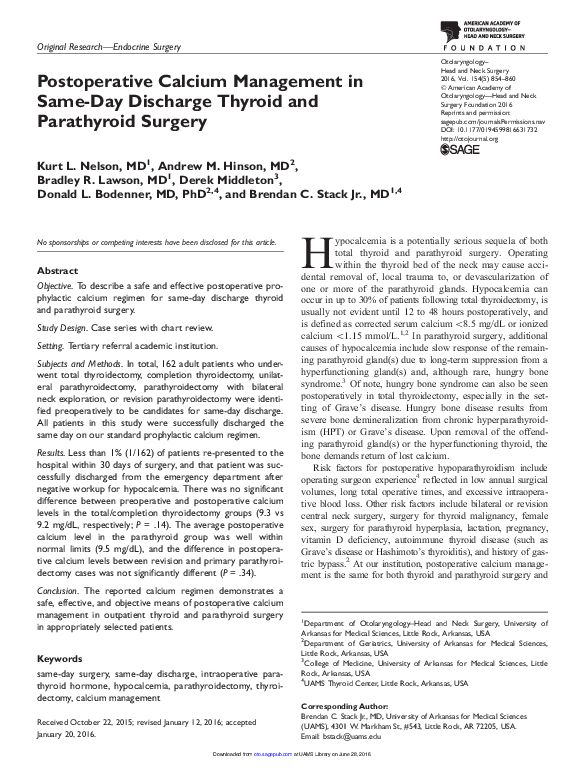 (PDF) Postoperative Calcium Management in Same-Day Discharge Thyroid ...