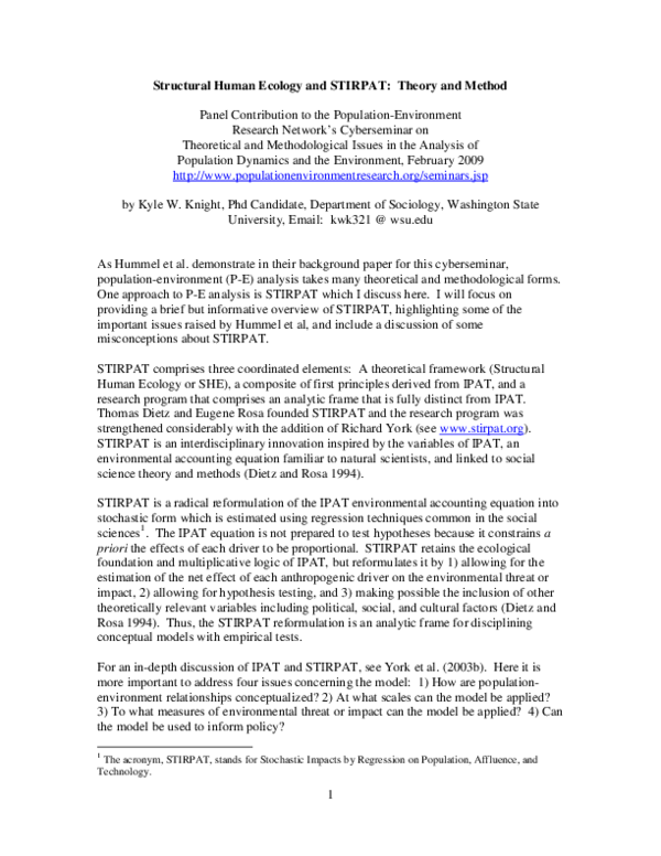 (PDF) Structural Human Ecology and STIRPAT: Theory and Method