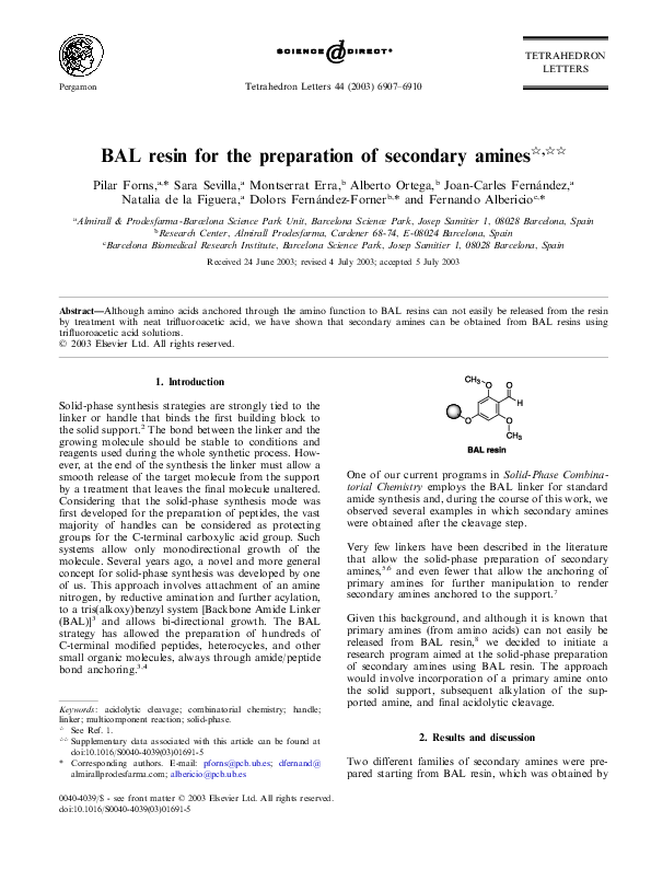 (PDF) BAL resin for the preparation of secondary amines