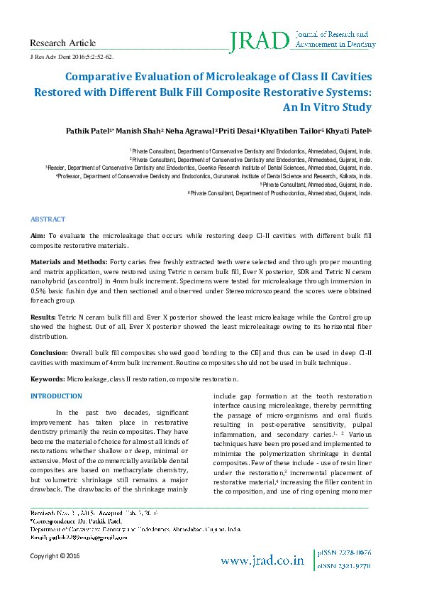 Pdf Comparative Evaluation Of Microleakage Of Class Ii Cavities Restored With Different Bulk