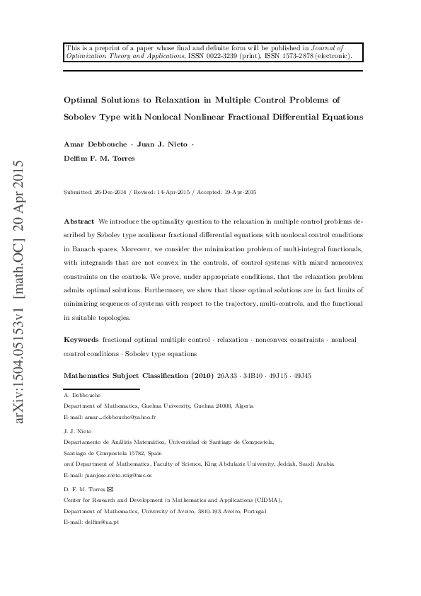 (PDF) Optimal Solutions to Relaxation in Multiple Control Problems of Sobolev Type with Nonlocal ...