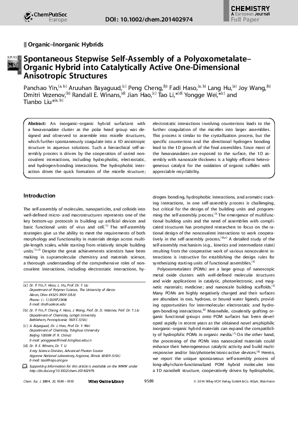 (PDF) Spontaneous Stepwise Self-Assembly of a Polyoxometalate-Organic Hybrid into Catalytically ...