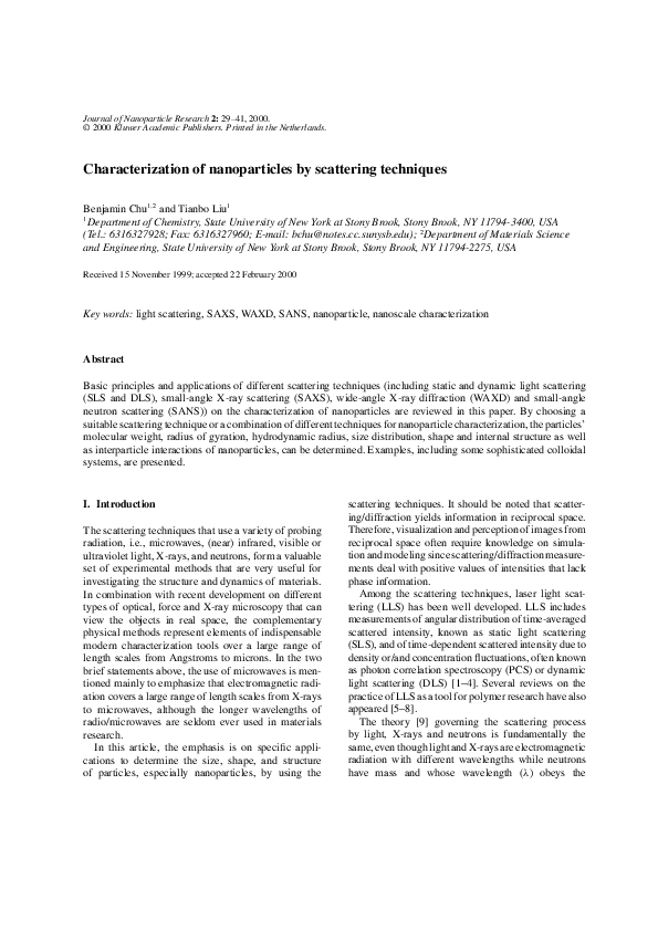 (PDF) Characterization of nanoparticles by scattering techniques
