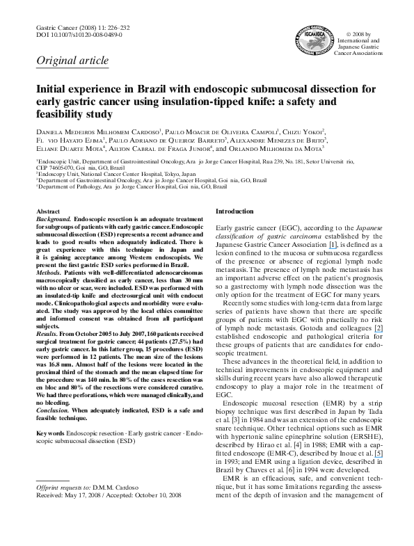 (PDF) Initial experience in Brazil with endoscopic submucosal dissection for early gastric ...