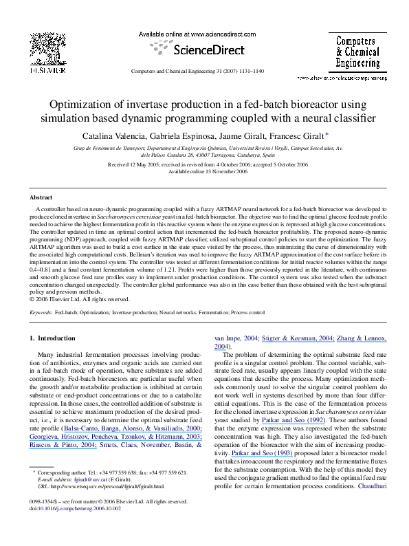 Pdf Optimization Of Invertase Production In A Fed Batch Bioreactor Using Simulation Based
