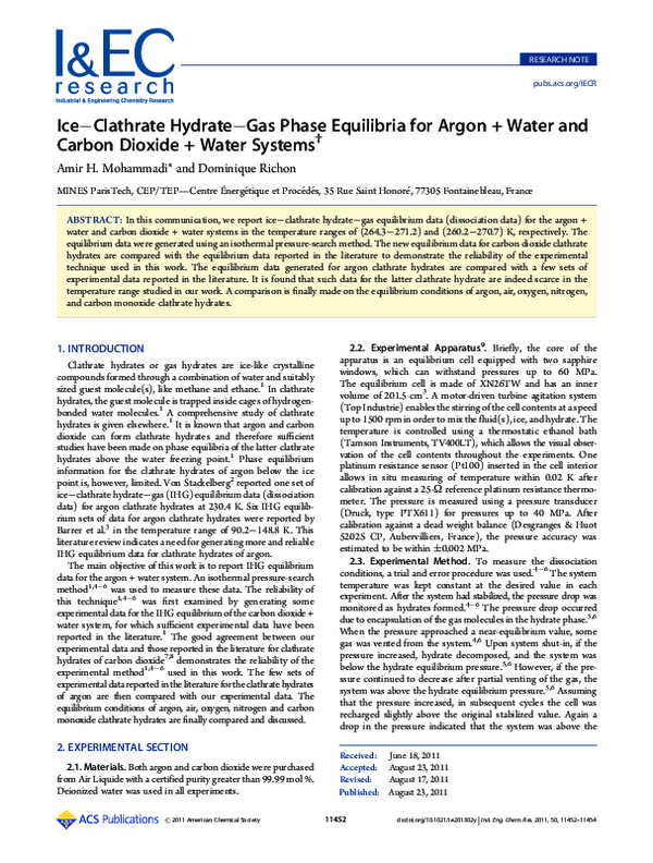 (PDF) Ice−Clathrate Hydrate−Gas Phase Equilibria for Air, Oxygen ...