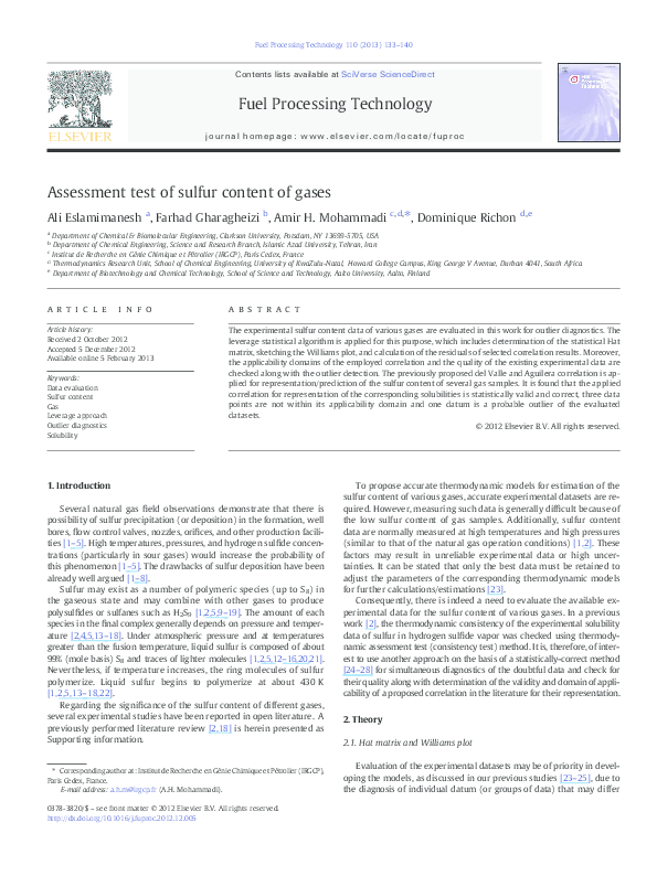 (PDF) Assessment test of sulfur content of gases