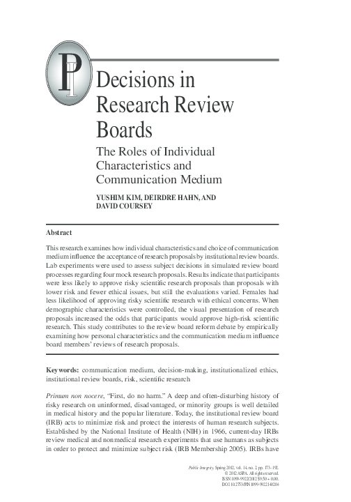 (PDF) Decisions in Research Review Boards