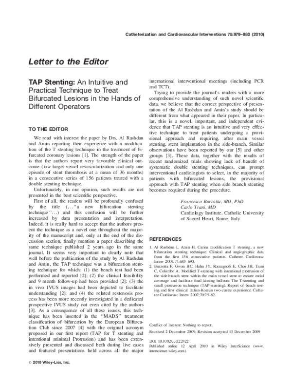 (PDF) TAP stenting: An intuitive and practical technique to treat ...