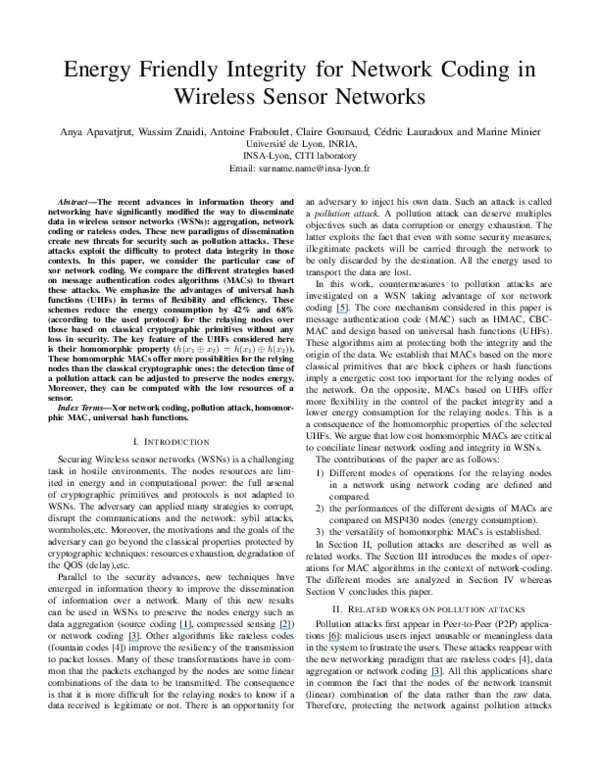 (PDF) Energy Friendly Integrity for Network Coding in Wireless Sensor Networks | Claire Goursaud ...