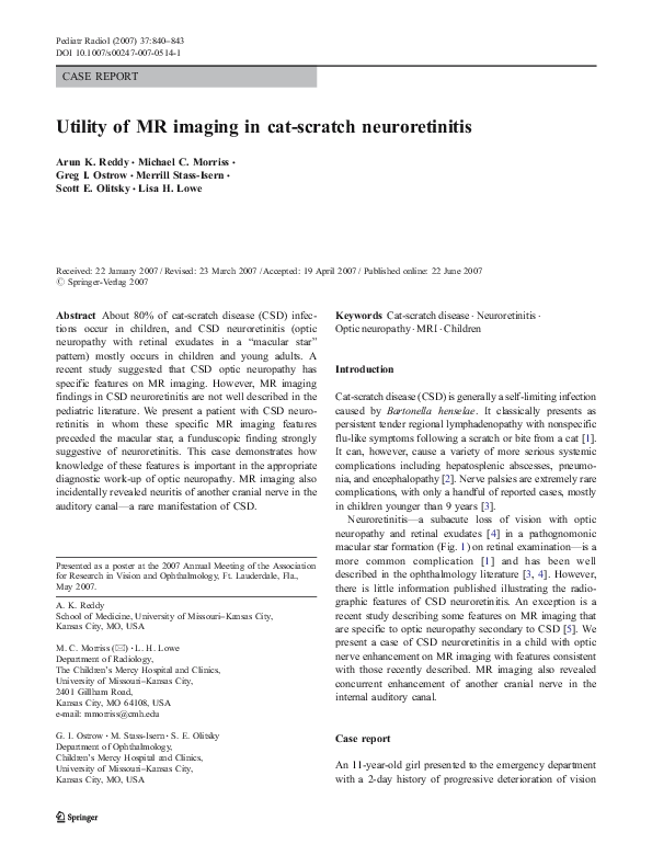 (PDF) Utility of MR imaging in cat-scratch neuroretinitis