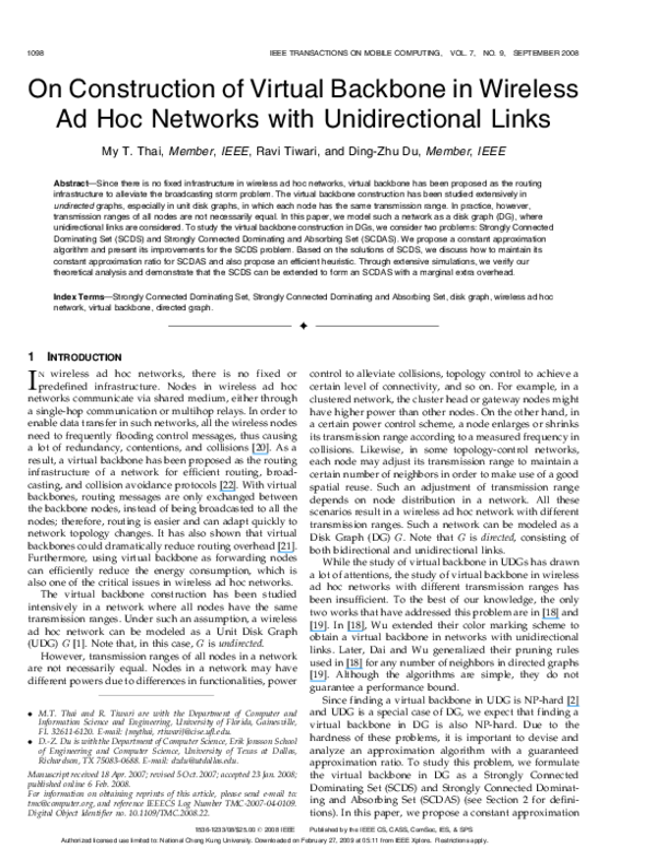 (PDF) On Construction of Virtual Backbone in Wireless Ad Hoc Networks with Unidirectional Links