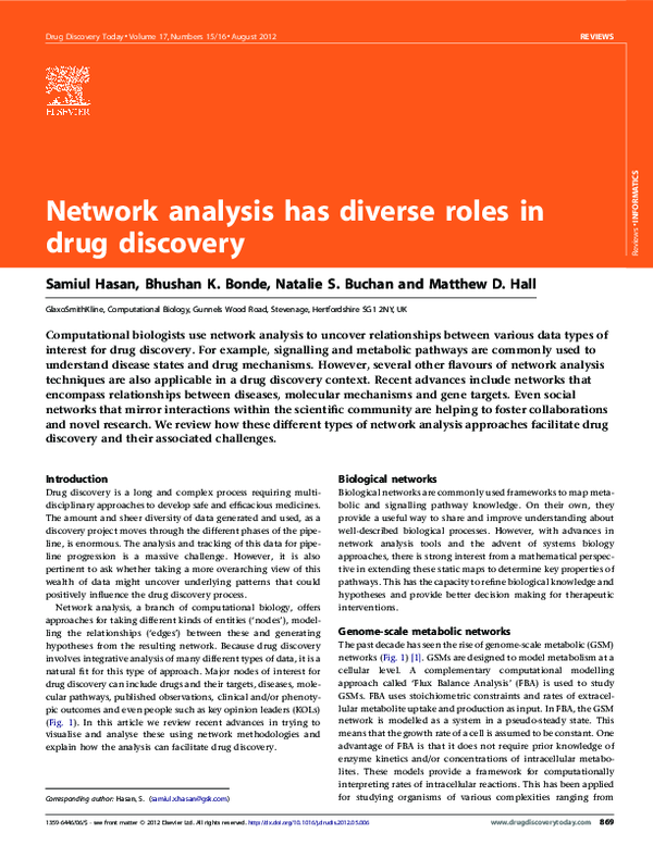(PDF) Network analysis has diverse roles in drug discovery