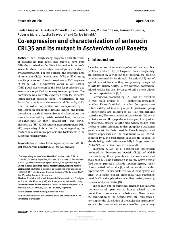 (PDF) Co-expression and characterization of enterocin CRL35 and its ...