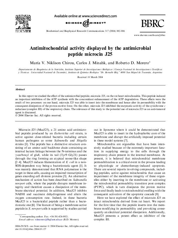 (PDF) Antimitochondrial activity displayed by the antimicrobial peptide microcin J25