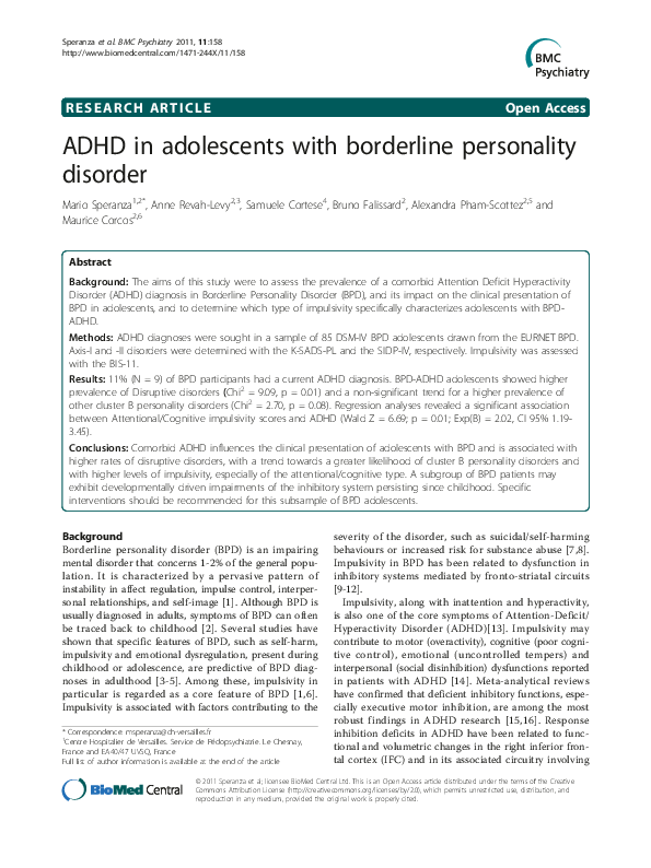 (PDF) ADHD in adolescents with borderline personality disorder