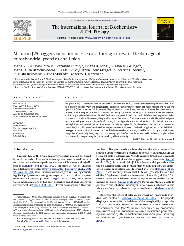 (PDF) Microcin J25 triggers cytochrome c release through irreversible damage of mitochondrial ...