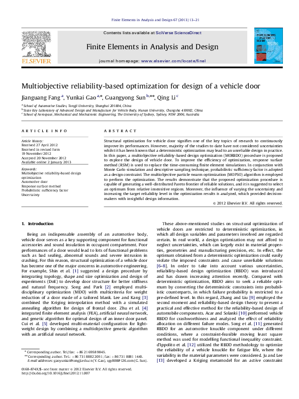 Pdf Reliability Based Optimization For Vehicle Doors 