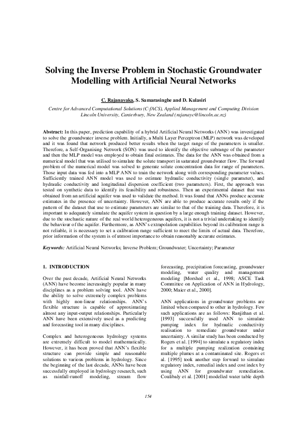 Pdf Solving The Inverse Problem In Stochastic Groundwater Modelling With Artificial Neural